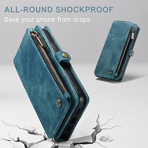 Defencase for iPhone 13 Pro Max Case, iPhone 13 Pro Max Case Wallet for Women Men, Durable PU Leather Magnetic Flip Lanyard Strap Wristlet Zipper Card Holder Phone Cases for iPhone 13 Pro Max, Blue