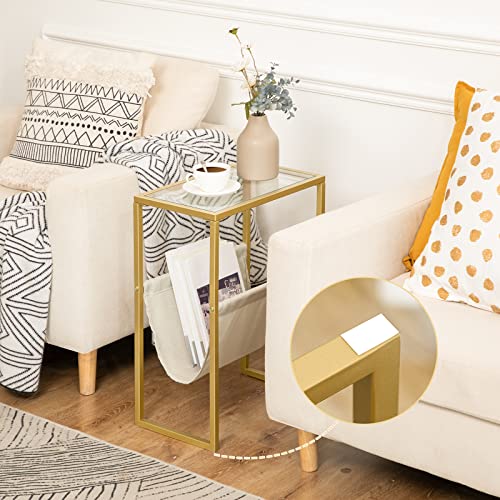 HOOBRO Narrow Side Table, Tempered Glass End Table with Fabric Magazine Sling, Small Coffee Accent Table, Bedside Table for Small Space, Bedroom, Living Room, Modern Style, Gold GD66BZ01