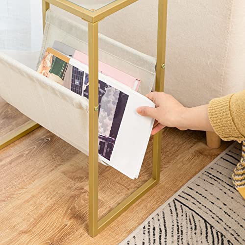 HOOBRO Narrow Side Table, Tempered Glass End Table with Fabric Magazine Sling, Small Coffee Accent Table, Bedside Table for Small Space, Bedroom, Living Room, Modern Style, Gold GD66BZ01