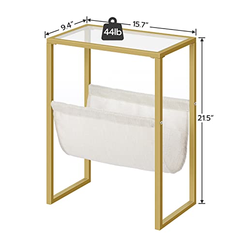 HOOBRO Narrow Side Table, Tempered Glass End Table with Fabric Magazine Sling, Small Coffee Accent Table, Bedside Table for Small Space, Bedroom, Living Room, Modern Style, Gold GD66BZ01