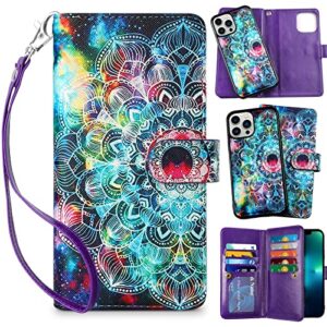 vofolen 2-in-1 case for iphone 13 pro max 5g wallet card holder 9-slot for women girl detachable strap hybrid protective slim hard shell magnetic pu leather folio pocket flip case mandala purple