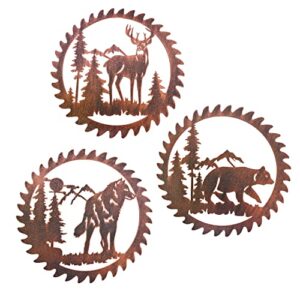 waiu metal cabin wall art decor deer bear wolf in the forest pine tree, 9 inch set of 3 rustic bronze concise saw blade decoration hanging for living room bedroom bathroom indoor outdoor, lodge