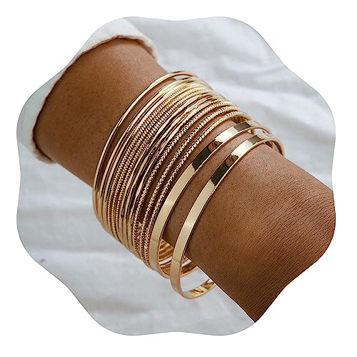 Xerling 14Pcs Gold Boho Indian Multi Bangle Bracelet Set for Teen Girls Punk Chunky Stackable Textured Bracelets for Women Layered Cable Smooth Bracelets