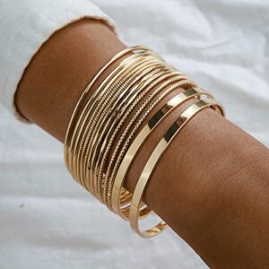 Xerling 14Pcs Gold Boho Indian Multi Bangle Bracelet Set for Teen Girls Punk Chunky Stackable Textured Bracelets for Women Layered Cable Smooth Bracelets