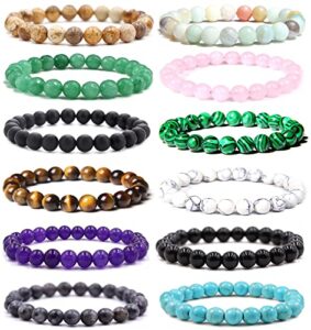 jewdreamer 12pcs 8mm semi-precious gemstone bracelet healing crystal stone beaded bracelets for women men unisex adjustable bead stretch bracelets set