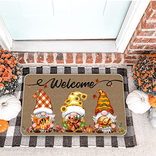 TREWAVE Fall Welcome Decorative Doormat Gnome Non-Slip and Washable Door Mat Pumpkin Sunflower Turkey Maple Leaf Fall Harvest Thanksgiving Floor Mat Indoor Outdoor 17 x 29 Inch