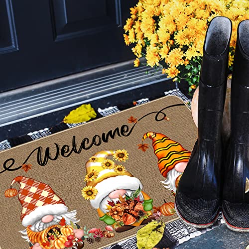 TREWAVE Fall Welcome Decorative Doormat Gnome Non-Slip and Washable Door Mat Pumpkin Sunflower Turkey Maple Leaf Fall Harvest Thanksgiving Floor Mat Indoor Outdoor 17 x 29 Inch