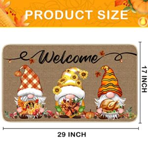 TREWAVE Fall Welcome Decorative Doormat Gnome Non-Slip and Washable Door Mat Pumpkin Sunflower Turkey Maple Leaf Fall Harvest Thanksgiving Floor Mat Indoor Outdoor 17 x 29 Inch