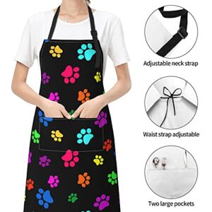 Perinsto Colorful Dogs Paws Waterproof Apron With 2 Pockets Cute Pet Animal Paw Kitchen Chef Aprons Bibs For Grooming Cooking Baking Painting Gardening