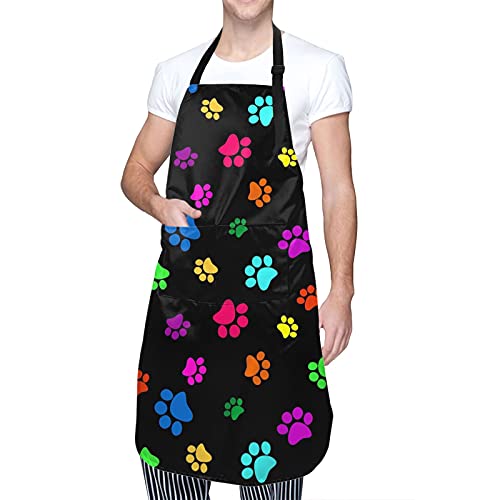 Perinsto Colorful Dogs Paws Waterproof Apron With 2 Pockets Cute Pet Animal Paw Kitchen Chef Aprons Bibs For Grooming Cooking Baking Painting Gardening