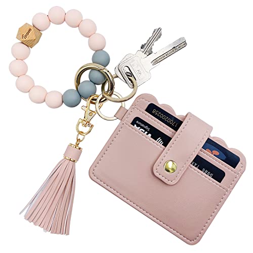 TSNSOEEO Wristlet Keychain Bracelet Wallet, Key Ring Silicone Bead Bangle, Tassel Card Pocket Key Chains for Woman