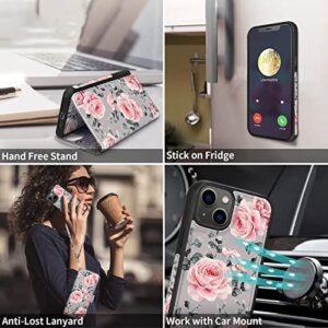 HOGGU iPhone 13 Wallet Case - Magnetic Detachable, RFID Blocking, Hand Strap, Floral PU Leather Cover (Gray)