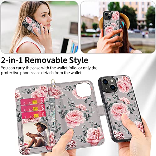 HOGGU iPhone 13 Wallet Case - Magnetic Detachable, RFID Blocking, Hand Strap, Floral PU Leather Cover (Gray)