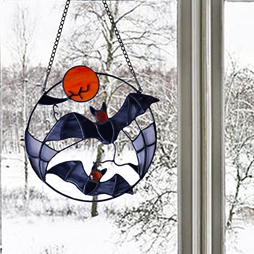 BOXCASA Halloween Bats Stained Glass Window Hangings,Bat Suncatcher,Halloween Decoration for Home,8×8 Inch