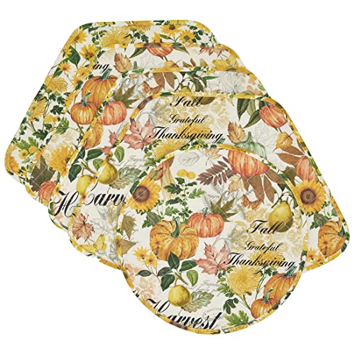 Sweet Pea Linens Quilted Bright Fall, Harvest, Sunflower and Pumpkin, Wedge-Shaped Placemats - Set of Four Plus Center Round-Charger