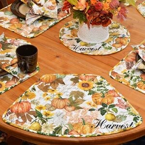 Sweet Pea Linens Quilted Bright Fall, Harvest, Sunflower and Pumpkin, Wedge-Shaped Placemats - Set of Four Plus Center Round-Charger