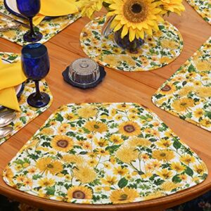 Sweet Pea Linens Quilted Bright Fall, Harvest, Sunflower and Pumpkin, Wedge-Shaped Placemats - Set of Four Plus Center Round-Charger