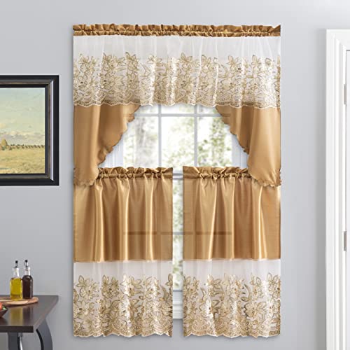 American Linen 3 Piece Embroidered Window Curtain Set, Valance and Tiers, with Embroidery Kitchen, Living Room or Bathroom Curtains, Valances (Gold)