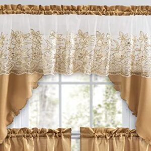 American Linen 3 Piece Embroidered Window Curtain Set, Valance and Tiers, with Embroidery Kitchen, Living Room or Bathroom Curtains, Valances (Gold)