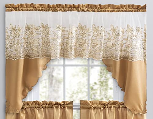 American Linen 3 Piece Embroidered Window Curtain Set, Valance and Tiers, with Embroidery Kitchen, Living Room or Bathroom Curtains, Valances (Gold)