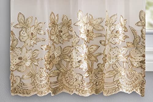 American Linen 3 Piece Embroidered Window Curtain Set, Valance and Tiers, with Embroidery Kitchen, Living Room or Bathroom Curtains, Valances (Gold)