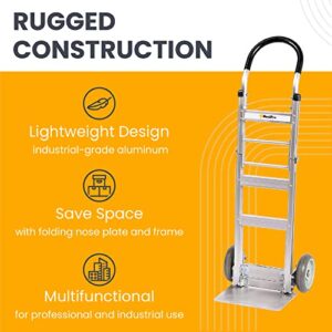 HaulPro Fully Assembled Foldable Hand Truck with 8" Mold-On Rubber Wheels – Horizontal Loop Handle. 500 Lb. Capacity Dolly for Travel, Moving and Office Use | 14 X 7.5 Extruded Aluminum Nose Plate