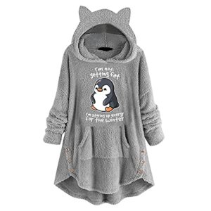 woshuai onesie pajamas for women, warm & soft fleece short cat ear hooded pjs turtleneck one-piece cartoon graphic tees romper, woshuai, a#gray, x-large