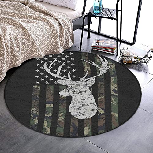 Super Soft Round Area Rug Play Mat Circle Floor Mat Carpet Mat for Bedroom Living Room Nursery Decor, 2ft Diameter, Deer Camo Camouflage American Flag Hunting Black