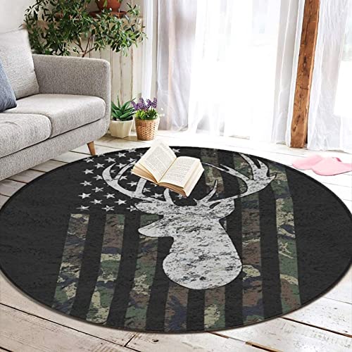 Super Soft Round Area Rug Play Mat Circle Floor Mat Carpet Mat for Bedroom Living Room Nursery Decor, 2ft Diameter, Deer Camo Camouflage American Flag Hunting Black