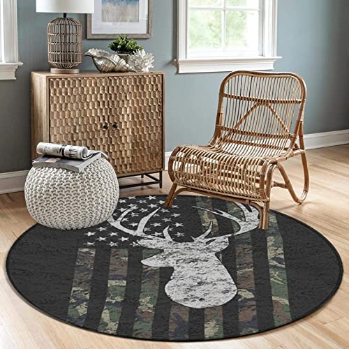 Super Soft Round Area Rug Play Mat Circle Floor Mat Carpet Mat for Bedroom Living Room Nursery Decor, 2ft Diameter, Deer Camo Camouflage American Flag Hunting Black