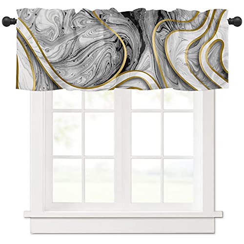 Savannan Window Curtains Valances, Marble Texture Line Black Gold White Rod Pocket Cafe Valance Short Curtains for Kitchen, Bedroom, Living Room, 1 Panel, 54X18