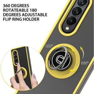 TJS Compatible with Samsung Galaxy Z Fold 3 5G Case, Impact Resistant Bumper 360 Degree Rotating Metal Ring Holder Drop Protective Phone Case Cover (Yellow)