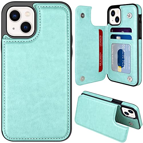 MMHUO for iPhone 13 Case Wallet Magnetic Back Flip Case for iPhone 13 Case for Women Girls with Card Holder Protective Case Phone Case for iPhone 13 6.1 Inches (2021),Mint