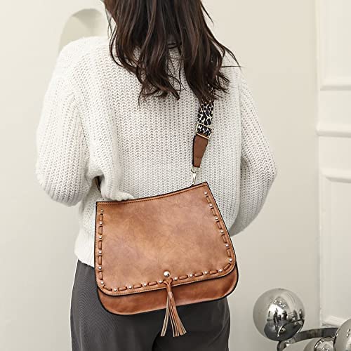 UKENENG Women's Crossbody Bag Shoulder Bag with Tassel Purse Shoulder Bucket Cross-body Purse (Brown)