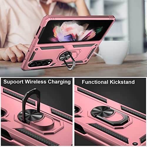 IKAZZ Galaxy Z Fold 3 Case,Samsung Z Fold 3 Cover Military Grade Shockproof Heavy Duty Protective Phone Case Pass 16ft Drop Test with Magnetic Kickstand for Samsung Galaxy Z Fold 3 Rose Gold