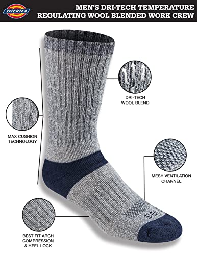 Dickies Men's Dri-Tech Temperature Regulating Wool Blended Work Crew Socks Multipack, Navy Heather (6 Pairs), Shoe Size: 6-12