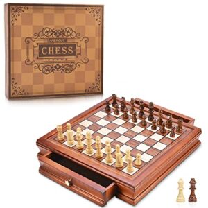 amerous 12.8'' magnetic wooden chess set / 2 built-in storage drawers / 2 extra queen/gift package/chess rules/classics strategy board games chess sets for kids and adults