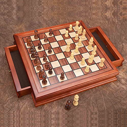 AMEROUS 12.8'' Magnetic Wooden Chess Set / 2 Built-in Storage Drawers / 2 Extra Queen/Gift Package/Chess Rules/Classics Strategy Board Games Chess Sets for Kids and Adults