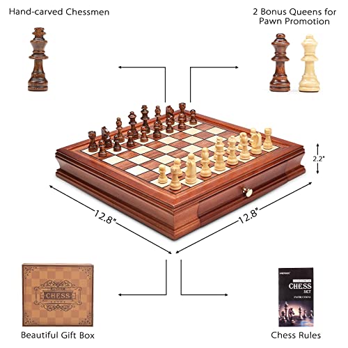 AMEROUS 12.8'' Magnetic Wooden Chess Set / 2 Built-in Storage Drawers / 2 Extra Queen/Gift Package/Chess Rules/Classics Strategy Board Games Chess Sets for Kids and Adults