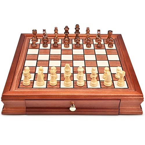 AMEROUS 12.8'' Magnetic Wooden Chess Set / 2 Built-in Storage Drawers / 2 Extra Queen/Gift Package/Chess Rules/Classics Strategy Board Games Chess Sets for Kids and Adults