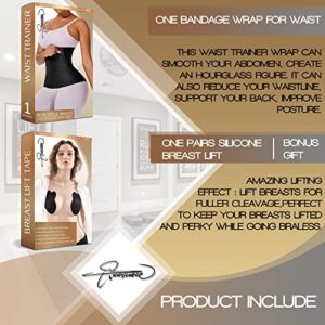 Waist Trainer for Women | Quick Snatch Me Up Bandage Wrap Lumbar Waist Support Belt - Adjustable Comfortable Lower Back Pain Relief Tight - Fitting Waist Waistband | Bonus Gift Breast Lift Tape Black