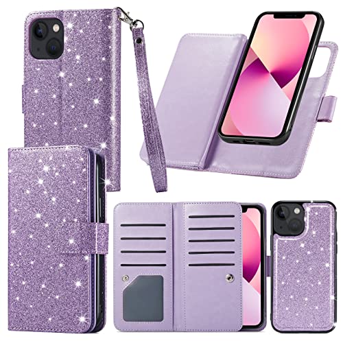 Varikke iPhone 13 Wallet Case - 9 Card Holder, Magnetic Detachable Cover, Kickstand Strap, Glitter PU Leather, Light Purple