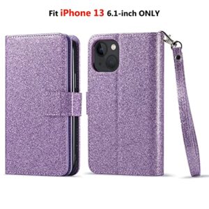 Varikke iPhone 13 Wallet Case - 9 Card Holder, Magnetic Detachable Cover, Kickstand Strap, Glitter PU Leather, Light Purple