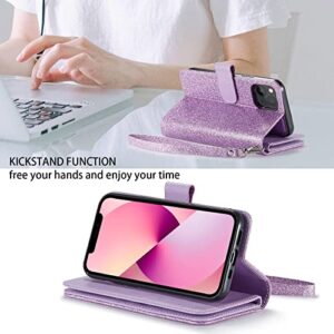 Varikke iPhone 13 Wallet Case - 9 Card Holder, Magnetic Detachable Cover, Kickstand Strap, Glitter PU Leather, Light Purple