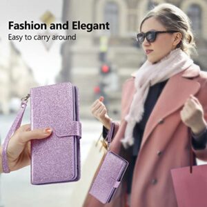 Varikke iPhone 13 Wallet Case - 9 Card Holder, Magnetic Detachable Cover, Kickstand Strap, Glitter PU Leather, Light Purple