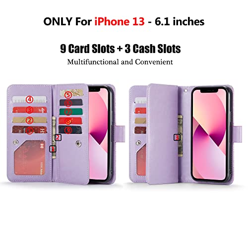 Varikke iPhone 13 Wallet Case - 9 Card Holder, Magnetic Detachable Cover, Kickstand Strap, Glitter PU Leather, Light Purple