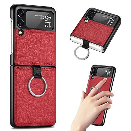 Samsung Galaxy Z Flip 3 Phone Case, PU Leather Protective Cover with Ring Strap Shockproof Lightweight Smartphone Protector Case for Samsung Galaxy Z Flip 3 ZH Red