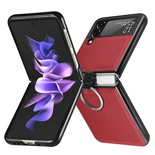 Samsung Galaxy Z Flip 3 Phone Case, PU Leather Protective Cover with Ring Strap Shockproof Lightweight Smartphone Protector Case for Samsung Galaxy Z Flip 3 ZH Red