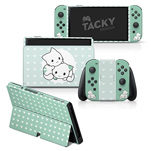 Tacky Design Cute Cats Skin Compatible with Nintendo Switch OLED Skin - Vinyl 3M Green Kawaii Nintendo Switch OLED Stickers Set - Switch OLED Skin for Console, Dock, Joy Con Wrap - Decal Full Wrap