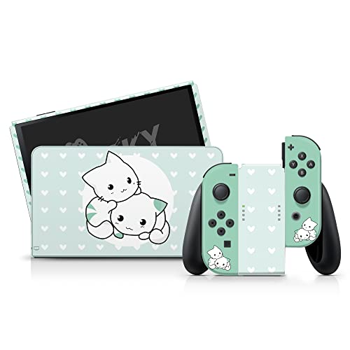 Tacky Design Cute Cats Skin Compatible with Nintendo Switch OLED Skin - Vinyl 3M Green Kawaii Nintendo Switch OLED Stickers Set - Switch OLED Skin for Console, Dock, Joy Con Wrap - Decal Full Wrap